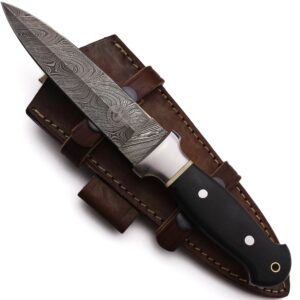 Wolfklinge Damascus Steel Bowie Knife for Outdoor Enthusiasts use for Hunting,Camping,Surviavl,Bushcrafting and Fishing- Full Tang Micarta Handle Spear point Blade with Cowhide-Leather Sheath DCX17-57