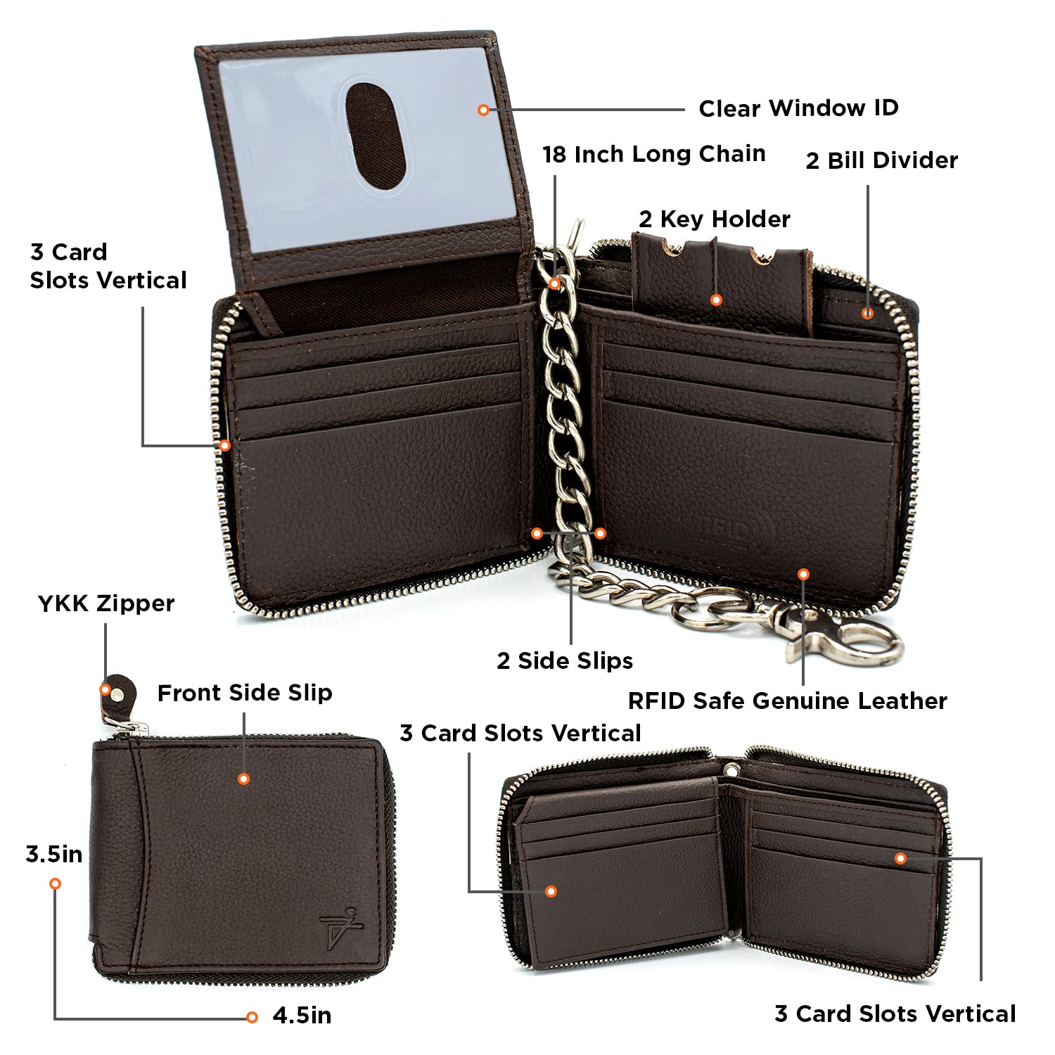 Juzar Tapal Collection Zipper Wallets For Men Brown Zip around Wallet RFID safe Leather Cash Wallet Men Man's Window ID Card Case (Brown With Chain)