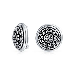 Bali Style Lightweight Medallion Round Disc Flower Sunflower Clip On Earrings For Women Non Pierced Oxidized .925 Sterling Silver