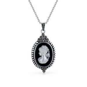 vintage estate style black mother of pearl shell white carved victorian lady portrait cameo pendant necklace for women marcasite frame oxidized .925 sterling silver