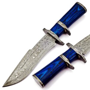 skokie knives custom damascus steel hunting knife blue pakka wood handle-handmade premium quality edge fixed blade–multipurpose–ideal for survival camping hiking outdoor every day carry professional