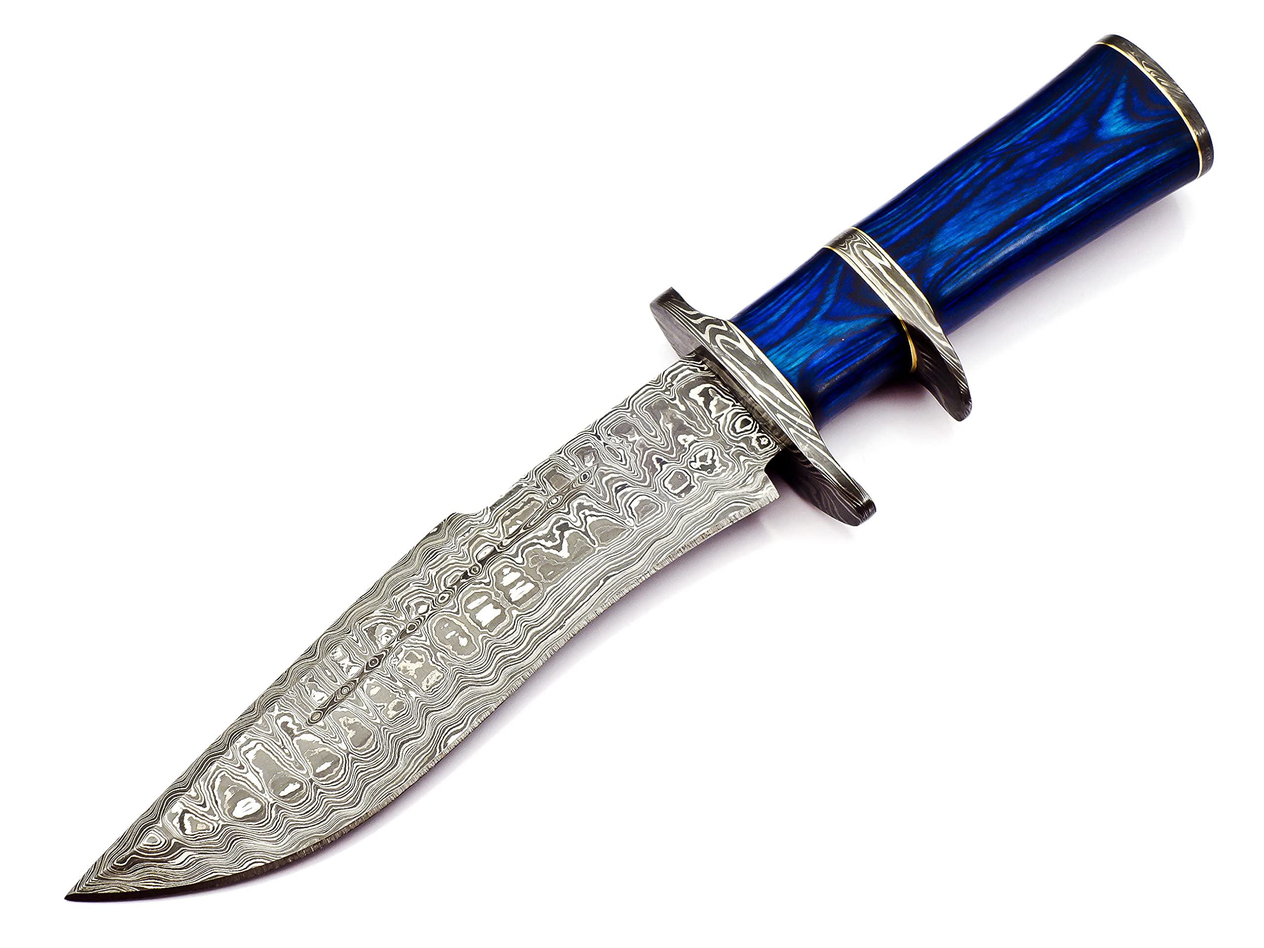 Skokie Knives Custom Damascus Steel Hunting Knife Blue Pakka Wood Handle-Handmade Premium Quality Edge Fixed Blade–Multipurpose–Ideal for Survival Camping Hiking Outdoor Every Day Carry Professional