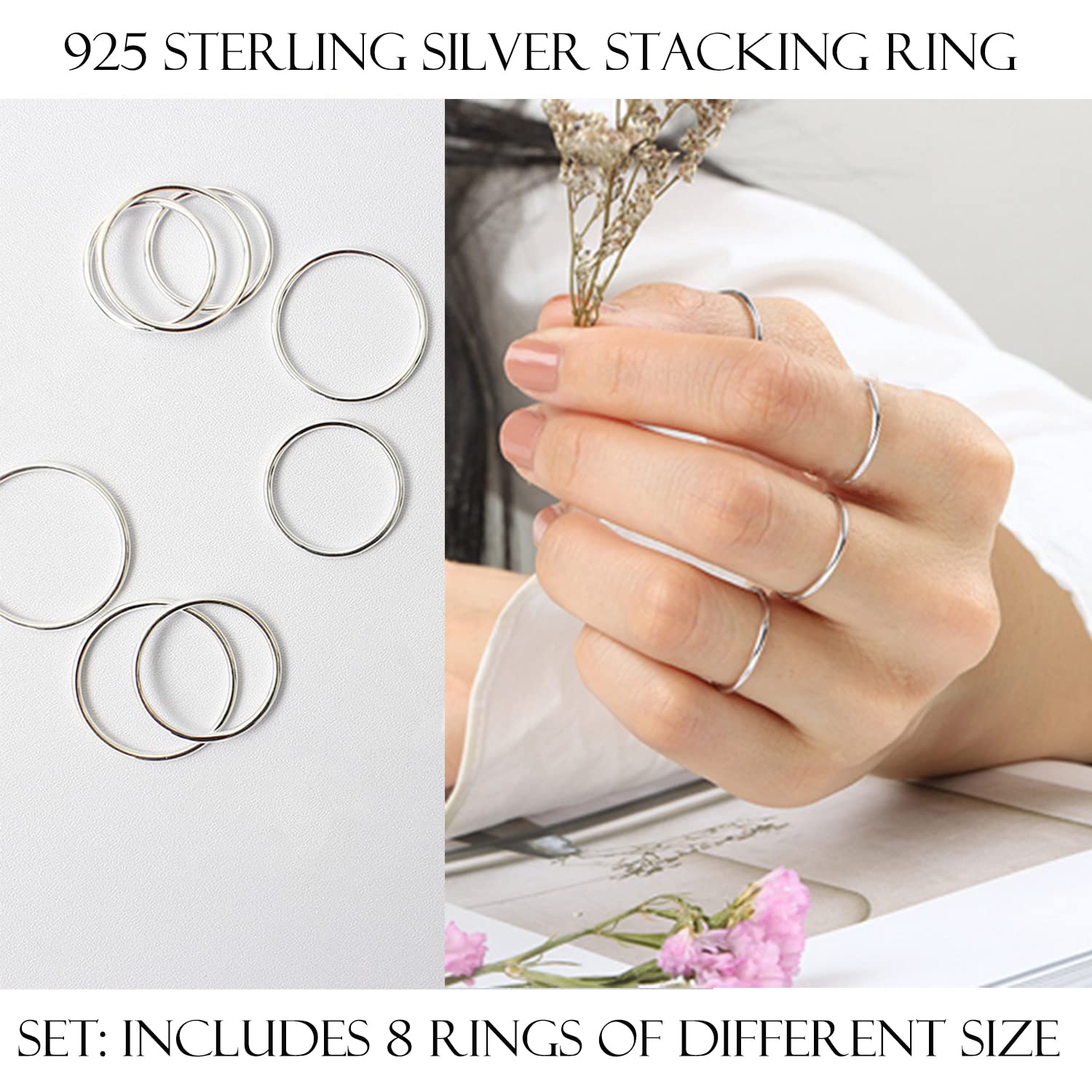 CANDYFANCY 925 Sterling Silver 1.2mm Stacked Midi Thin Rings for Women Knuckle Ring Band Stacking Ring Set Size 2.5-8.5 (Silver 8 Pcs)