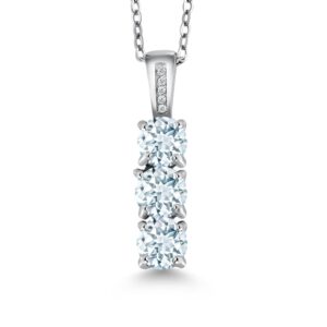 gem stone king 925 sterling silver sky blue aquamarine and diamond women's 3-stone pendant necklace (1.24 cttw, gemstone birthstone, round 5mm, with 18 inch silver chain)