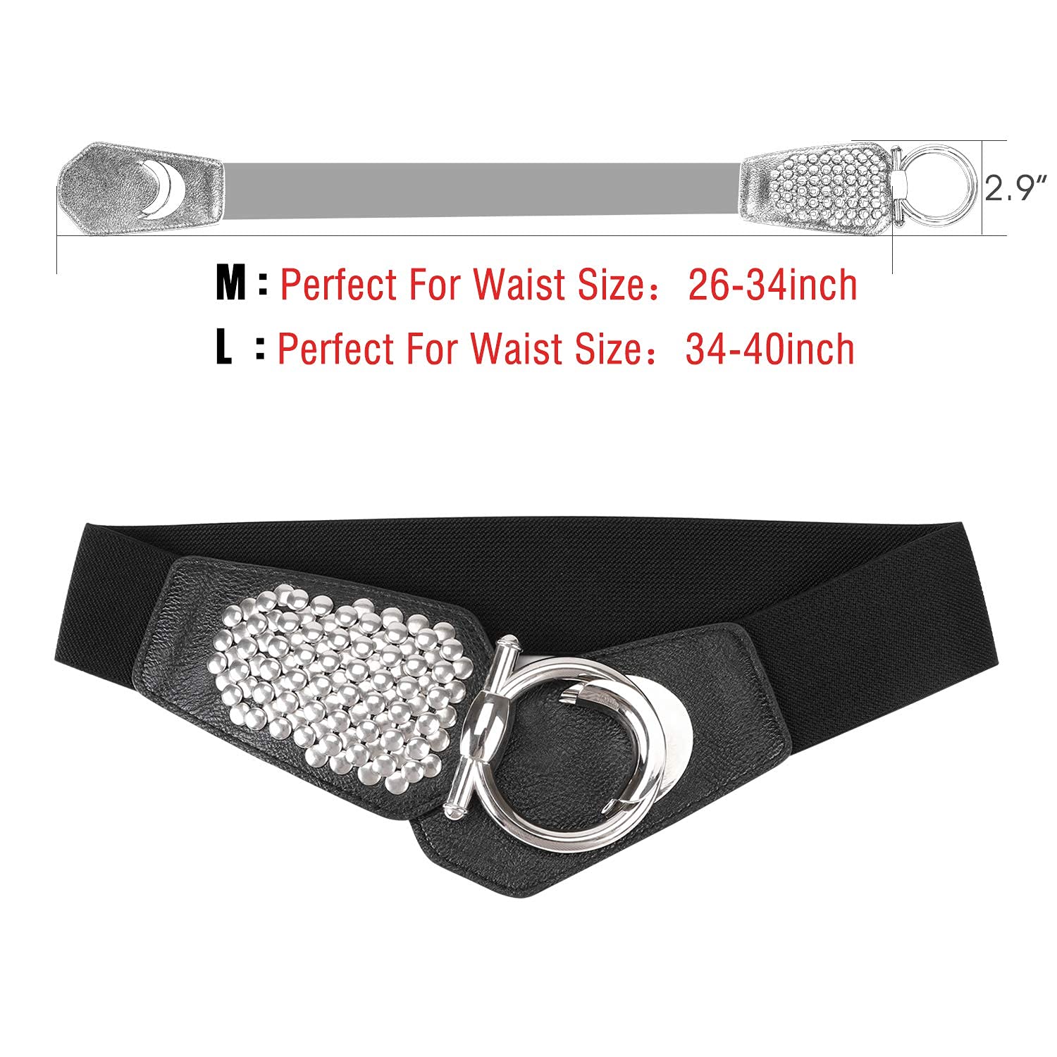 JASGOOD Women's Fashion Wide Elastic Waist Belt with Rivets Studs, F-Black, Fit Waist 34"-40"