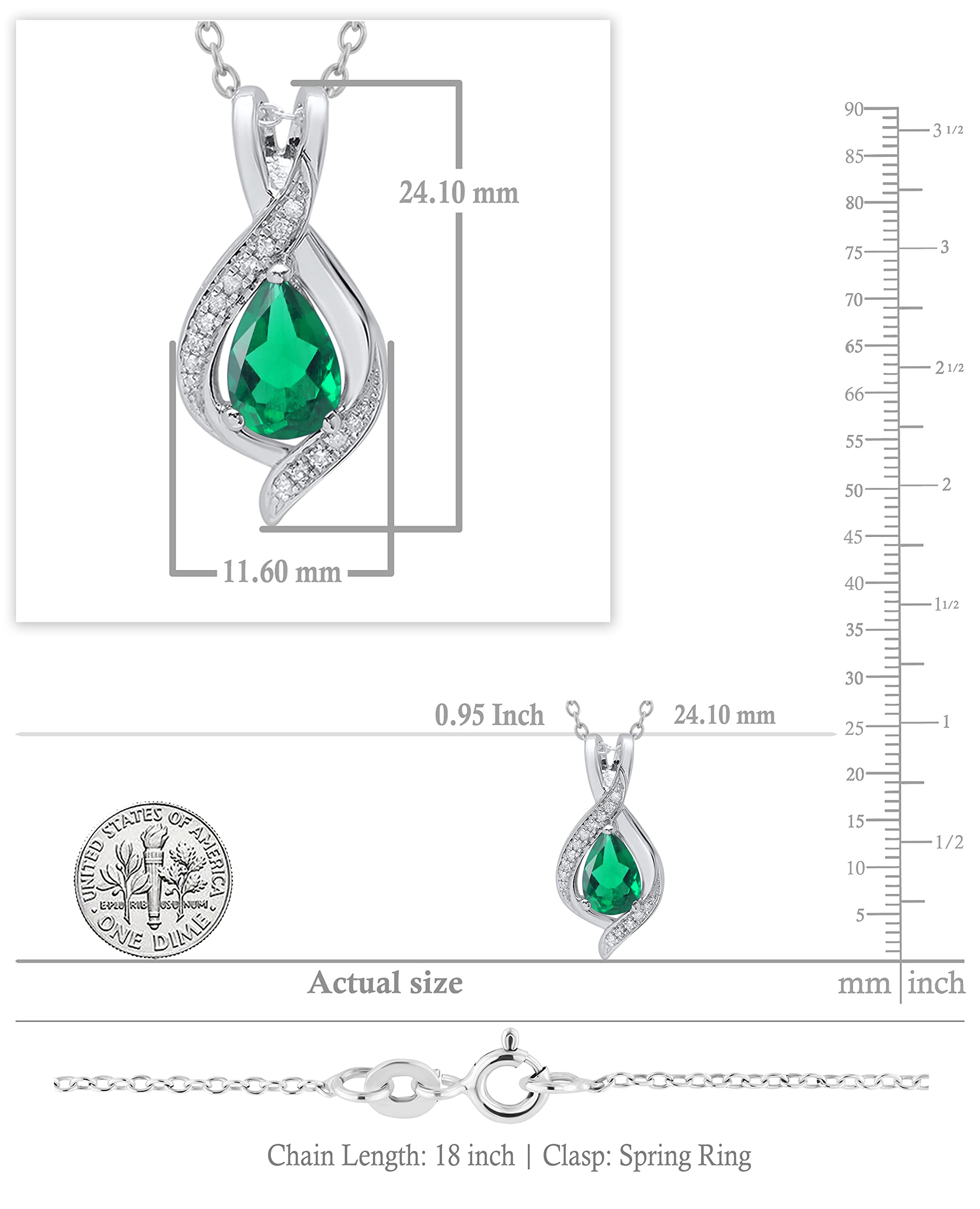 Dazzlingrock Collection 9x6 mm Pear Lab Created Emerald & Round White Diamond Swirl Teardrop Pendant with 18 inch Silver Chain for Women in 10K White Gold