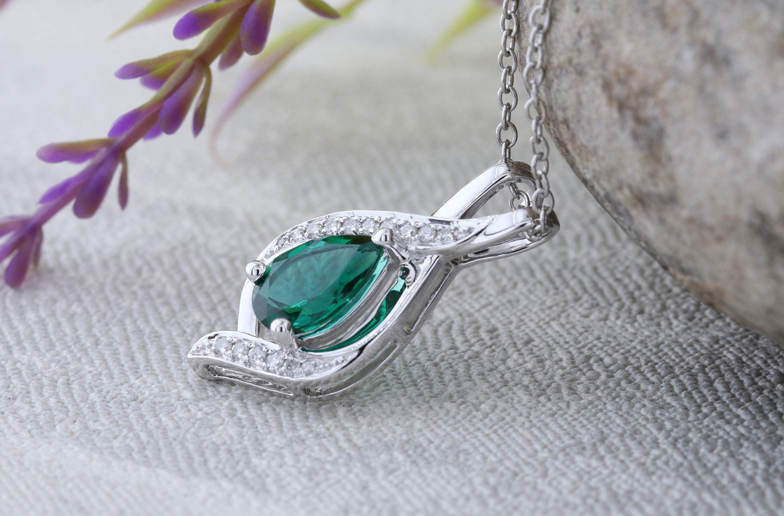 Dazzlingrock Collection 9x6 mm Pear Lab Created Emerald & Round White Diamond Swirl Teardrop Pendant with 18 inch Silver Chain for Women in 10K White Gold