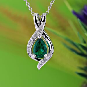 Dazzlingrock Collection 9x6 mm Pear Lab Created Emerald & Round White Diamond Swirl Teardrop Pendant with 18 inch Silver Chain for Women in 10K White Gold