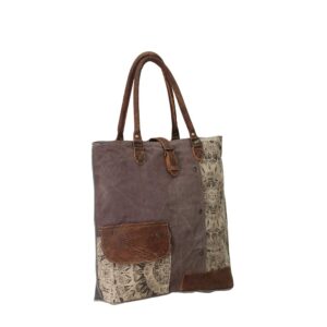 Myra Bags Floral Side Upcycled Canvas Tote Bag S-0733, Tan, Khaki, Brown, One_Size