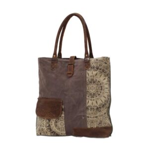 Myra Bags Floral Side Upcycled Canvas Tote Bag S-0733, Tan, Khaki, Brown, One_Size