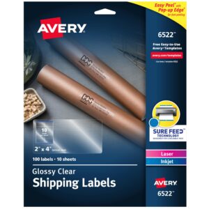 avery printable shipping labels with sure feed, 2" x 4", glossy crystal clear, 100 blank mailing labels (6522)