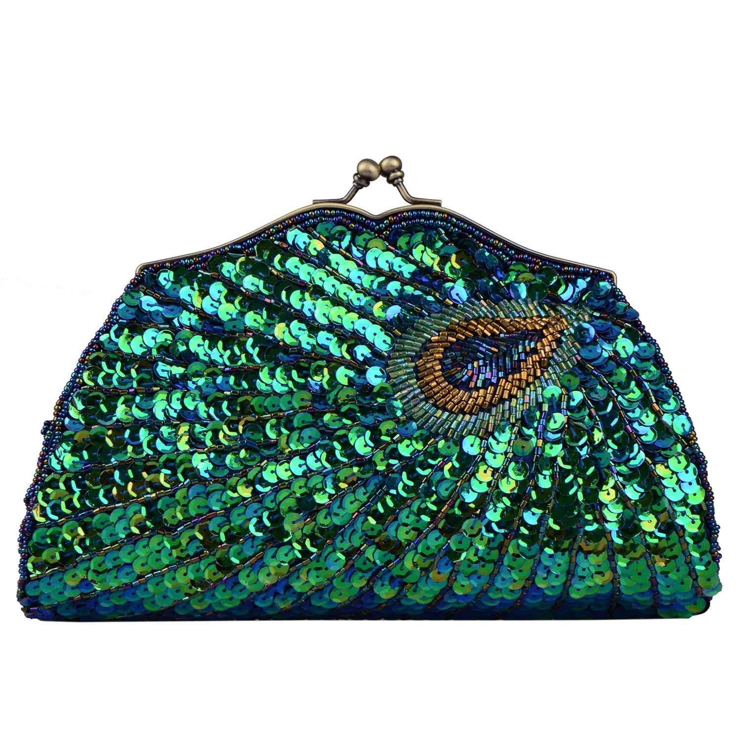 KISSCHIC Women's Vintage Beaded Sequin Evening Bags and Clutches Peacock Blue Purses Handbags