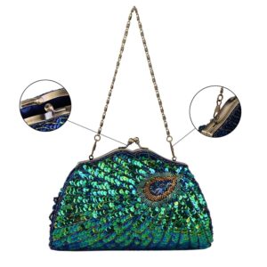 KISSCHIC Women's Vintage Beaded Sequin Evening Bags and Clutches Peacock Blue Purses Handbags