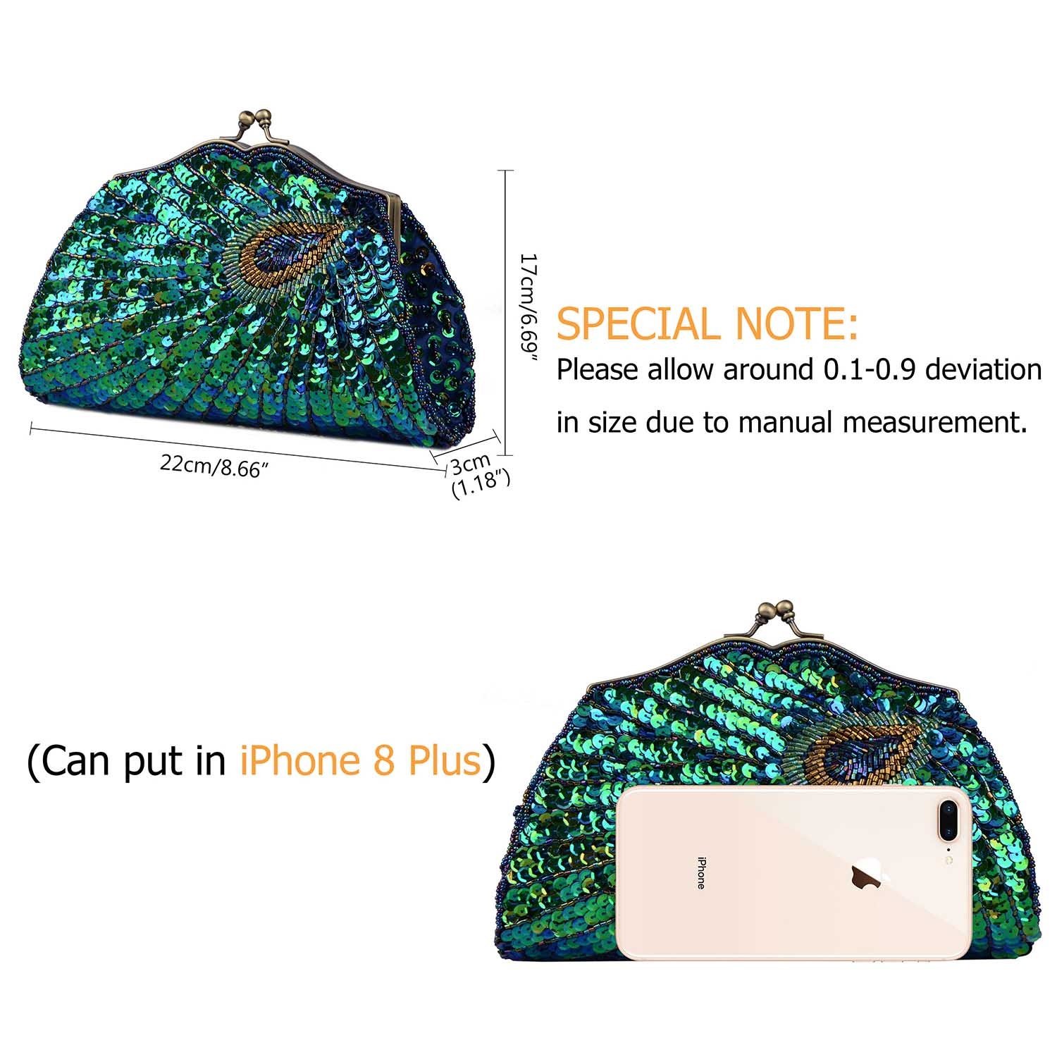 KISSCHIC Women's Vintage Beaded Sequin Evening Bags and Clutches Peacock Blue Purses Handbags