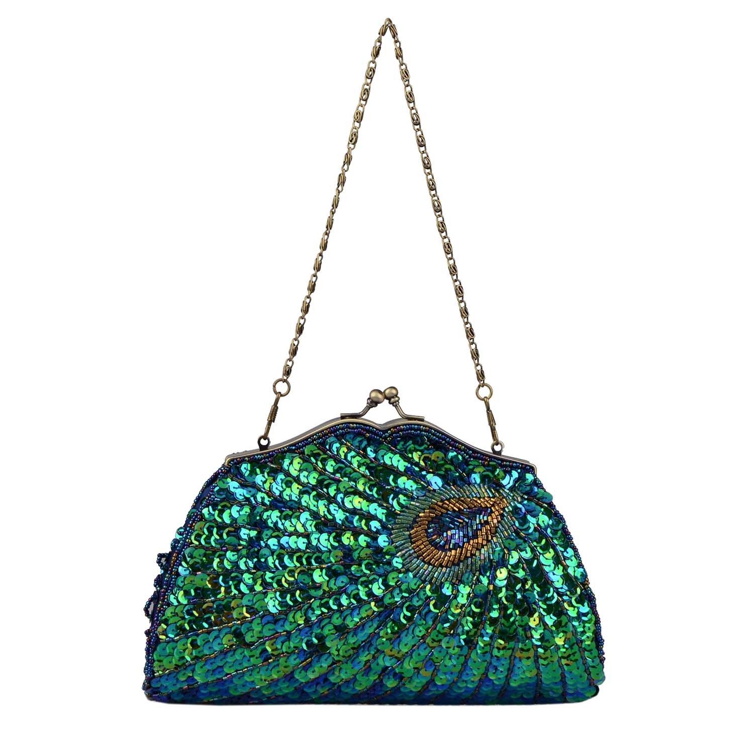 KISSCHIC Women's Vintage Beaded Sequin Evening Bags and Clutches Peacock Blue Purses Handbags