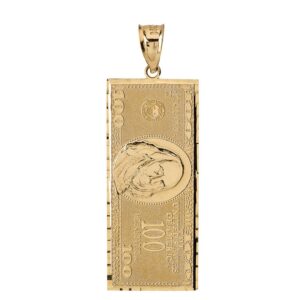 solid 10k yellow gold benjamin's one hundred dollar bill pendant (1.55")