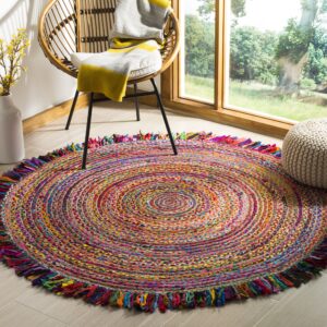 safavieh cape cod collection area rug - 6' round, ivory & red, handmade boho fringe jute & cotton, ideal for high traffic areas in living room, bedroom (cap206a)