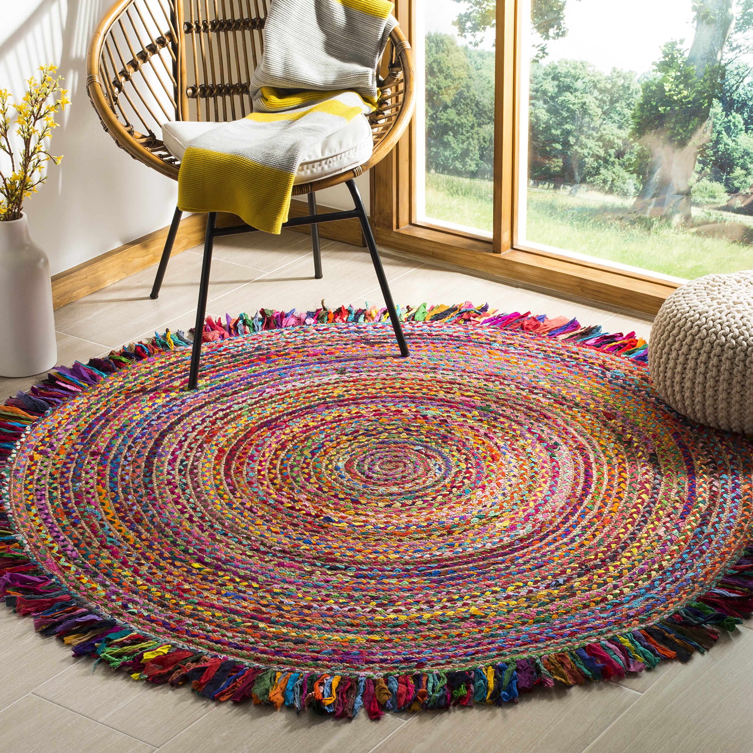 SAFAVIEH Cape Cod Collection Area Rug - 6' Round, Ivory & Red, Handmade Boho Fringe Jute & Cotton, Ideal for High Traffic Areas in Living Room, Bedroom (CAP206A)