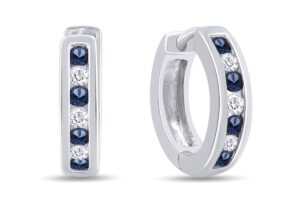 round cut simulated blue sapphire with cubic zirconia huggies hoop earrings in 14k white gold over sterling silver