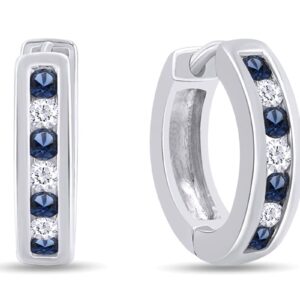 Round Cut Simulated Blue Sapphire With Cubic Zirconia Huggies Hoop Earrings In 14K White Gold Over Sterling Silver