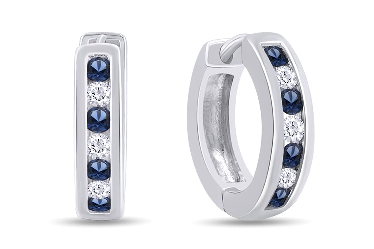 Round Cut Simulated Blue Sapphire With Cubic Zirconia Huggies Hoop Earrings In 14K White Gold Over Sterling Silver