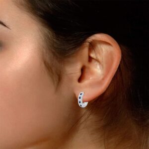 Round Cut Simulated Blue Sapphire With Cubic Zirconia Huggies Hoop Earrings In 14K White Gold Over Sterling Silver