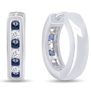 Round Cut Simulated Blue Sapphire With Cubic Zirconia Huggies Hoop Earrings In 14K White Gold Over Sterling Silver