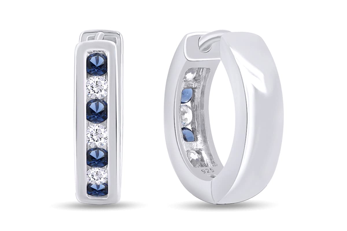 Round Cut Simulated Blue Sapphire With Cubic Zirconia Huggies Hoop Earrings In 14K White Gold Over Sterling Silver