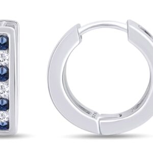 Round Cut Simulated Blue Sapphire With Cubic Zirconia Huggies Hoop Earrings In 14K White Gold Over Sterling Silver