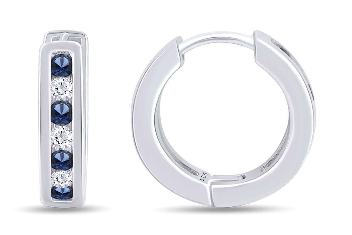 Round Cut Simulated Blue Sapphire With Cubic Zirconia Huggies Hoop Earrings In 14K White Gold Over Sterling Silver