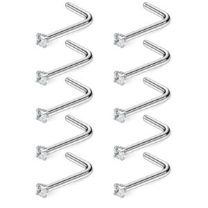 ruifan 10pcs 20g surgical steel clear diamond cz nose stud rings l shaped piercing jewelry 1.5mm