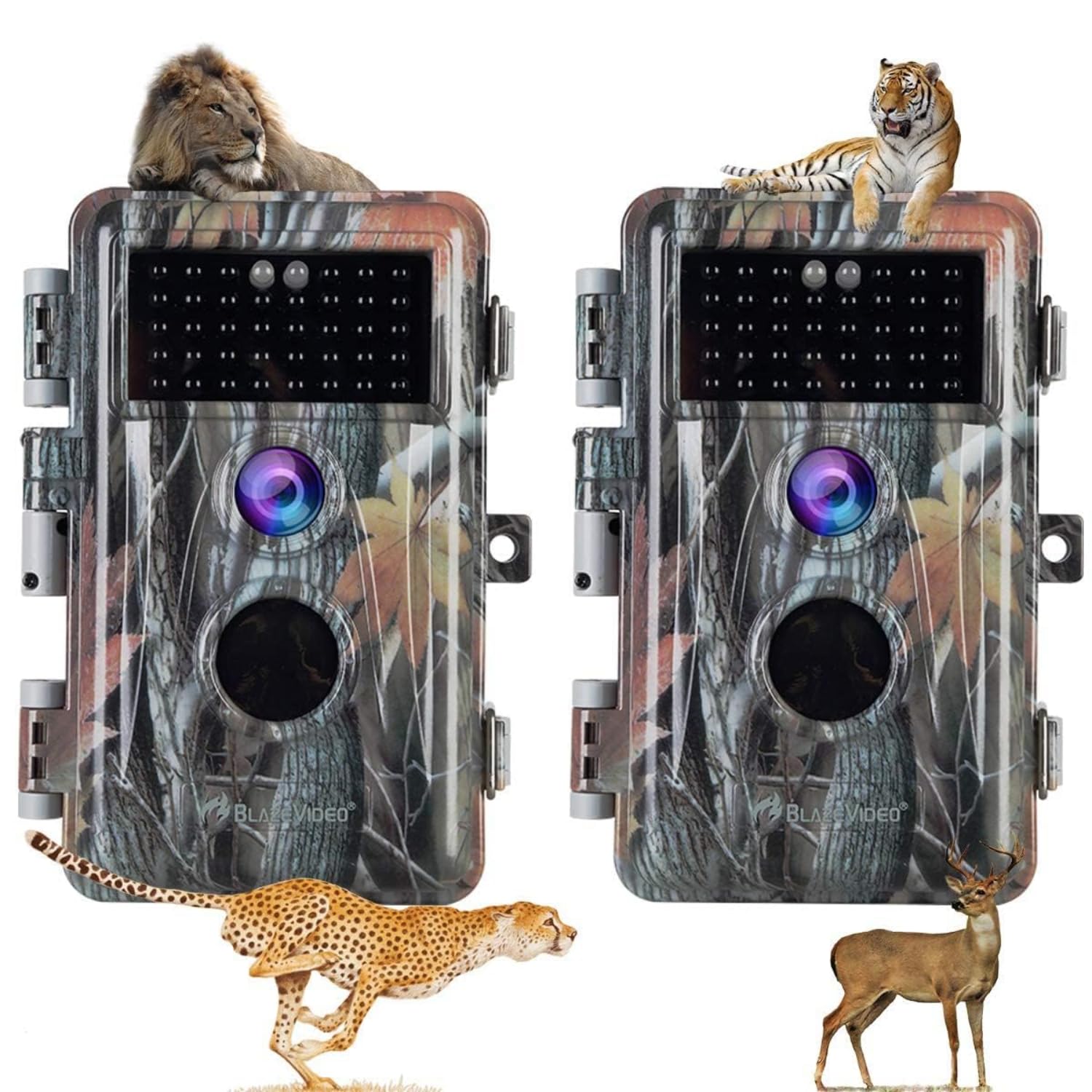 BLAZEVIDEO 2-Pack Trail Game Cameras 48MP 1296P Video No Glow Night Vision 110° Field of View Motion Activated IP66 Waterproof for Outdoor Wildlife Hunting, Animal Observation, Backyard Security