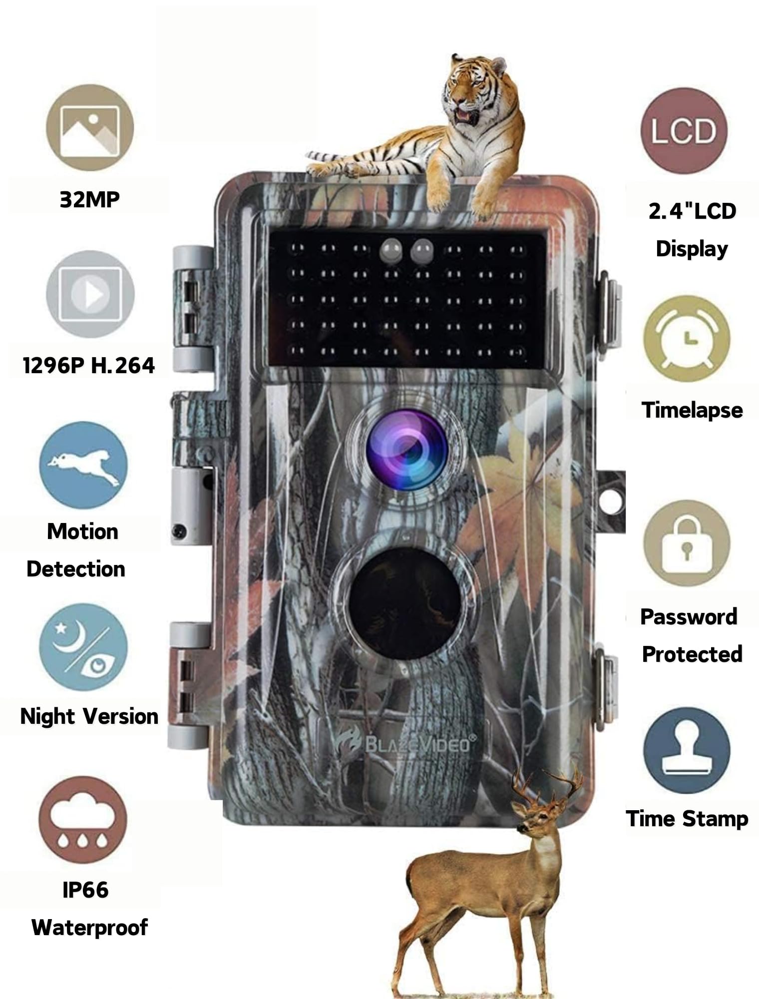 BLAZEVIDEO 2-Pack Trail Game Cameras 48MP 1296P Video No Glow Night Vision 110° Field of View Motion Activated IP66 Waterproof for Outdoor Wildlife Hunting, Animal Observation, Backyard Security