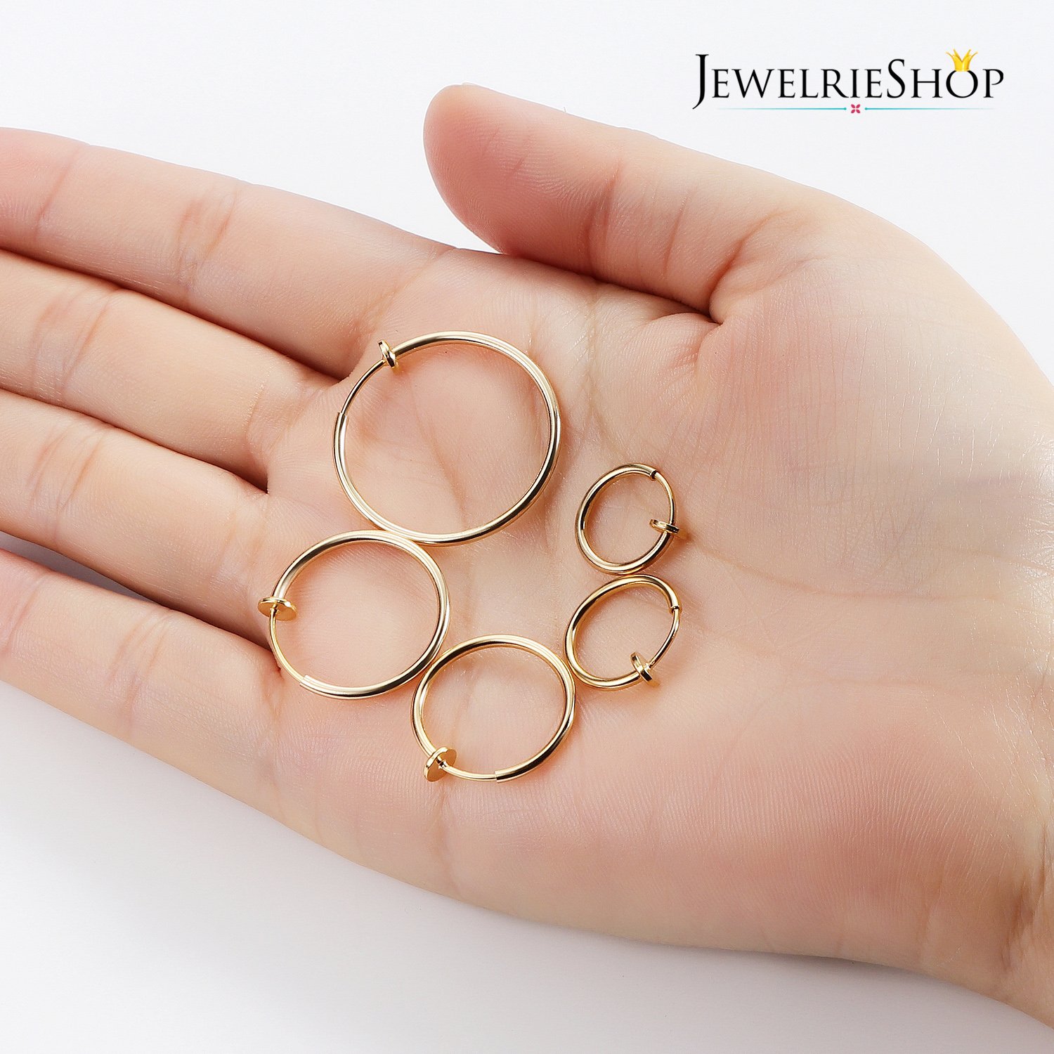 JewelrieShop Clip on Hoop Earrings for Women Fake Nose Ring Faux Lip Septum Ring Fake Cartilage Earrings Spring Endless Hoop Earrings Non Piercing Lobes Men (5 Pairs, 13mm-25mm, Gold)