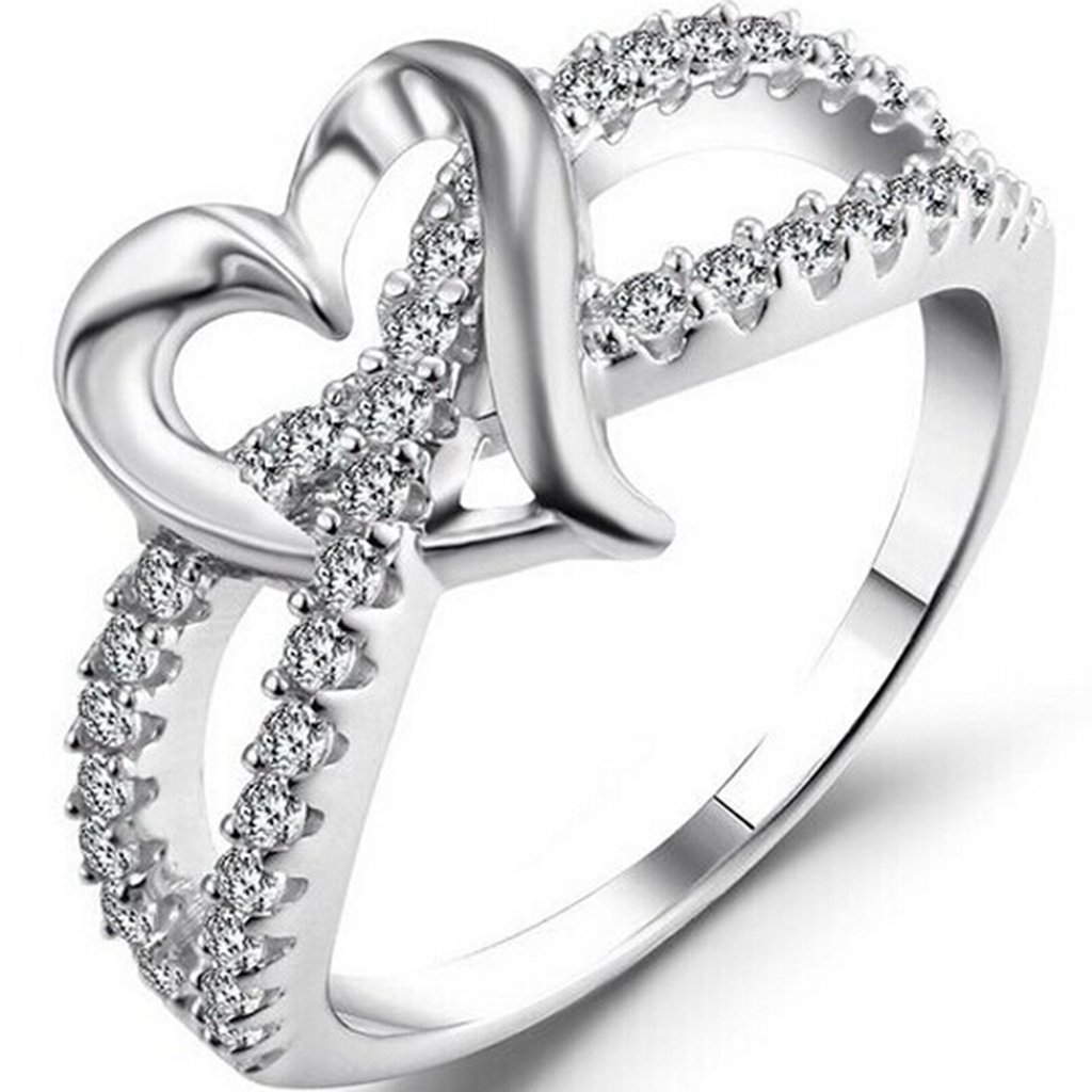 Jude Jewelers Silver Plated Heart Shape Split Shank Ring Promise Wave Engagement Wedding Anniversary (Silver, 12)