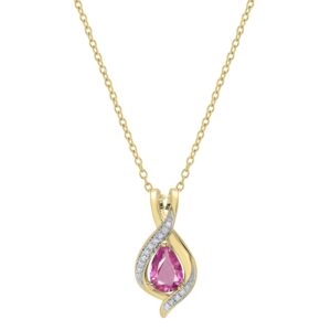 dazzlingrock collection 9x6 mm pear lab created pink sapphire & round white diamond swirl teardrop pendant with 18 inch gold chain for women in 10k yellow gold