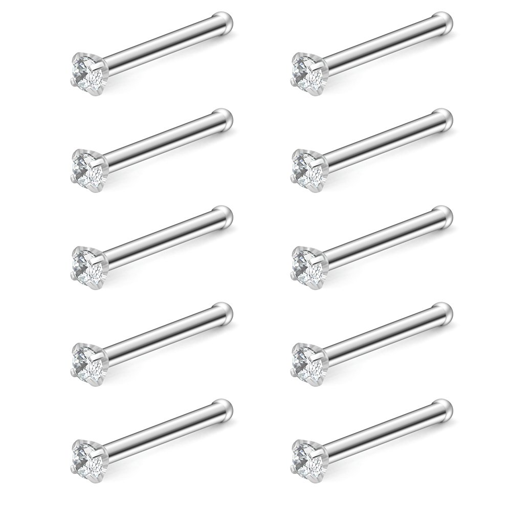 Ruifan 10PCS 22G Surgical Steel Clear Diamond CZ Nose Stud Rings Bone Pin Piercing Jewelry 1.5mm