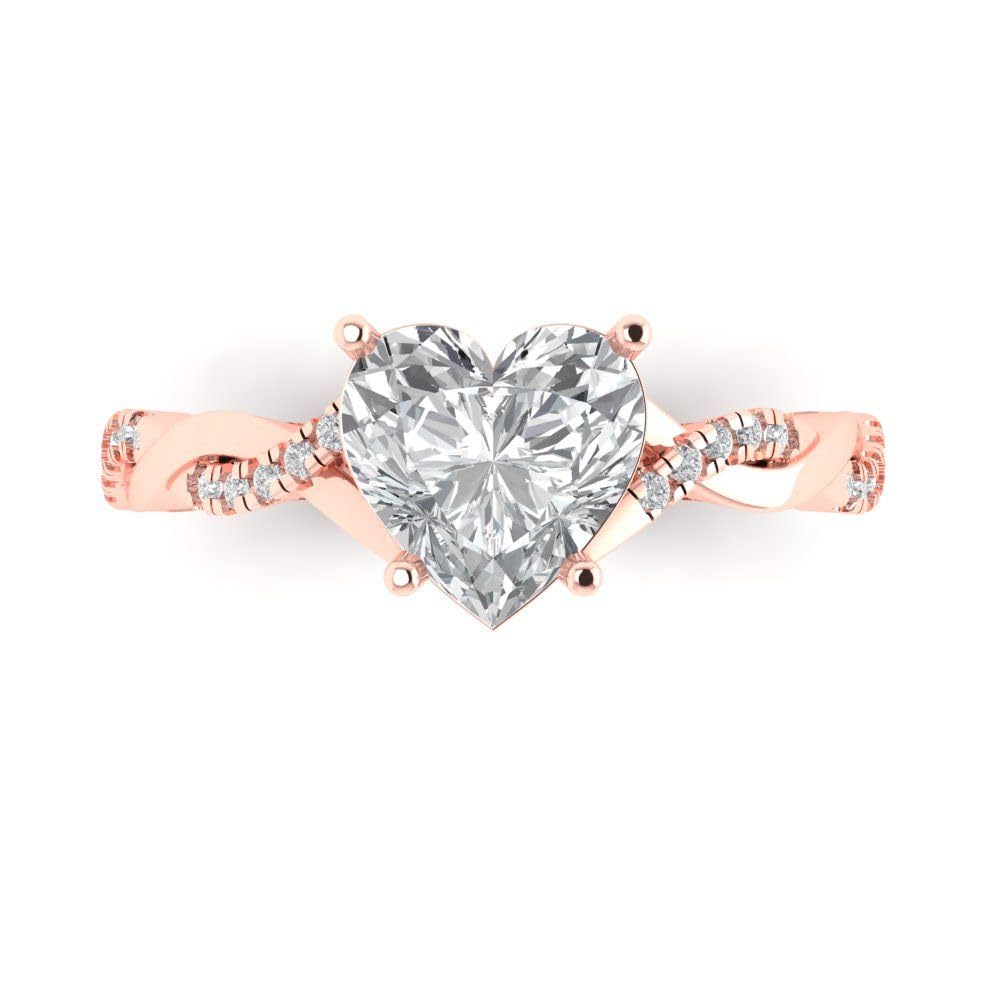 2.1 Ct Heart Cut Clear Simulated Diamond 14K Rose Gold Solitaire with Accents Engagement Promise Bridal Ring Size 5.5