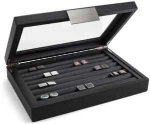 glenor co cufflink box for men - holds 70 cufflinks - luxury display jewelry case -carbon fiber design - metal buckle holder, large glass top - black