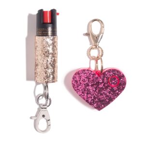 super-cute self defense kit - professional grade, maximum strength pepper spray with uv marking dye & personal safety alarm - pink & rose gold