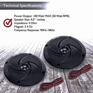 Pyle Marine Speakers - 4 Inch 2 Way Waterproof and Weather Resistant Outdoor Audio Stereo Sound System with 100 Watt Power and Low Profile Slim Style Design - 1 Pair - PLMRS4B (Black)