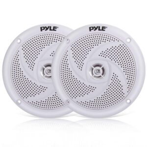 pyle marine speakers - 4 inch 2 way waterproof and weather resistant outdoor audio stereo sound system with 100 watt power and low profile slim style design - 1 pair - plmrs4w (white)