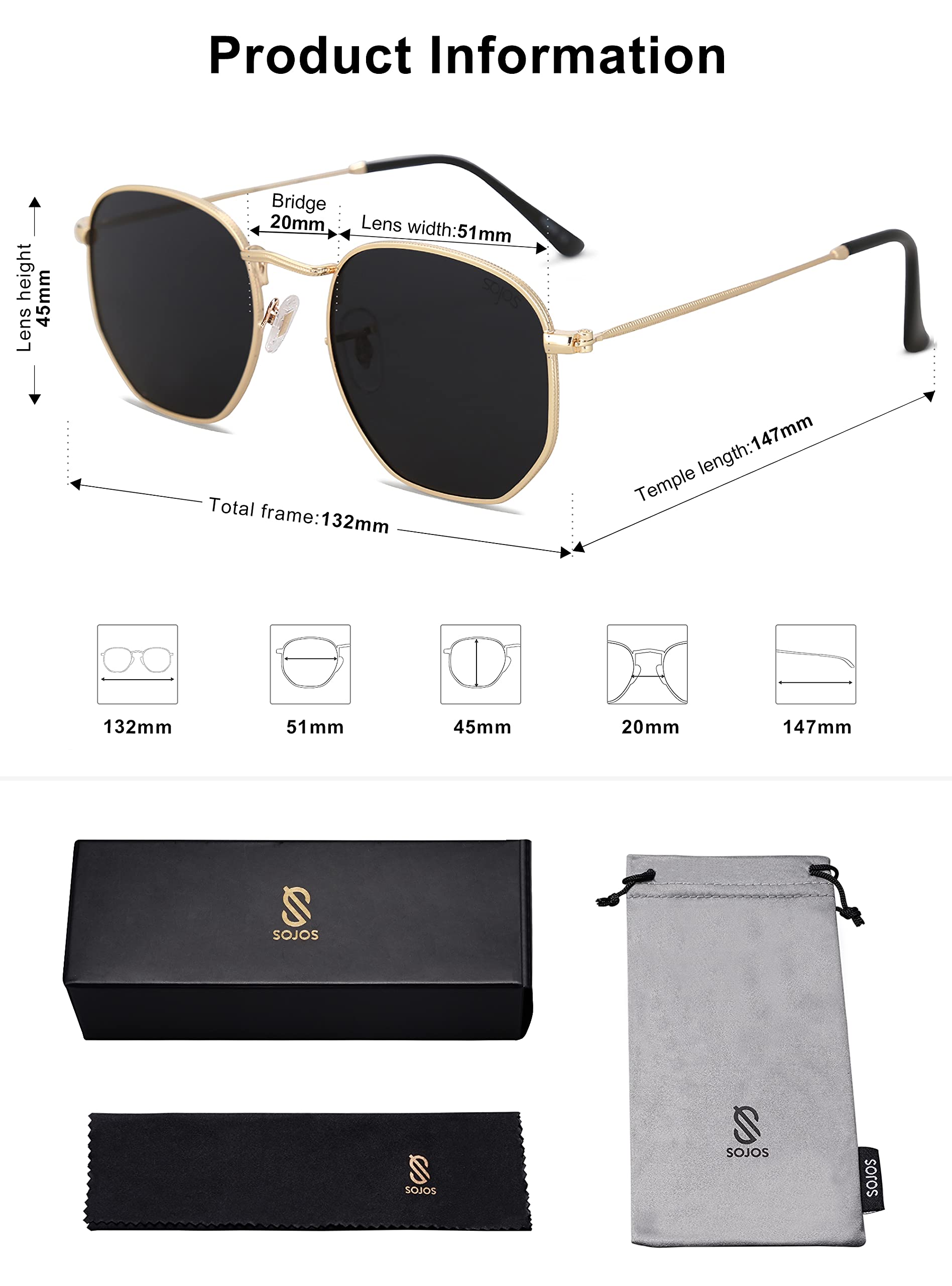 SOJOS Small Square Polarized Sunglasses for Men and Women Polygon Mirrored Lens SJ1072 Gold Frame/Grey Lens