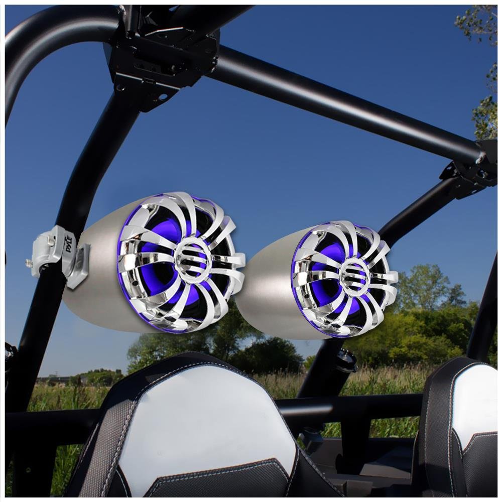 Pyle Marine Speakers - 5.25 Inch Waterproof IP44 Rated Wakeboard Tower and Weather Resistant Outdoor Audio Stereo Sound System with Built-in LED Lights - 1 Pair in Silver (PLMRWB50L)