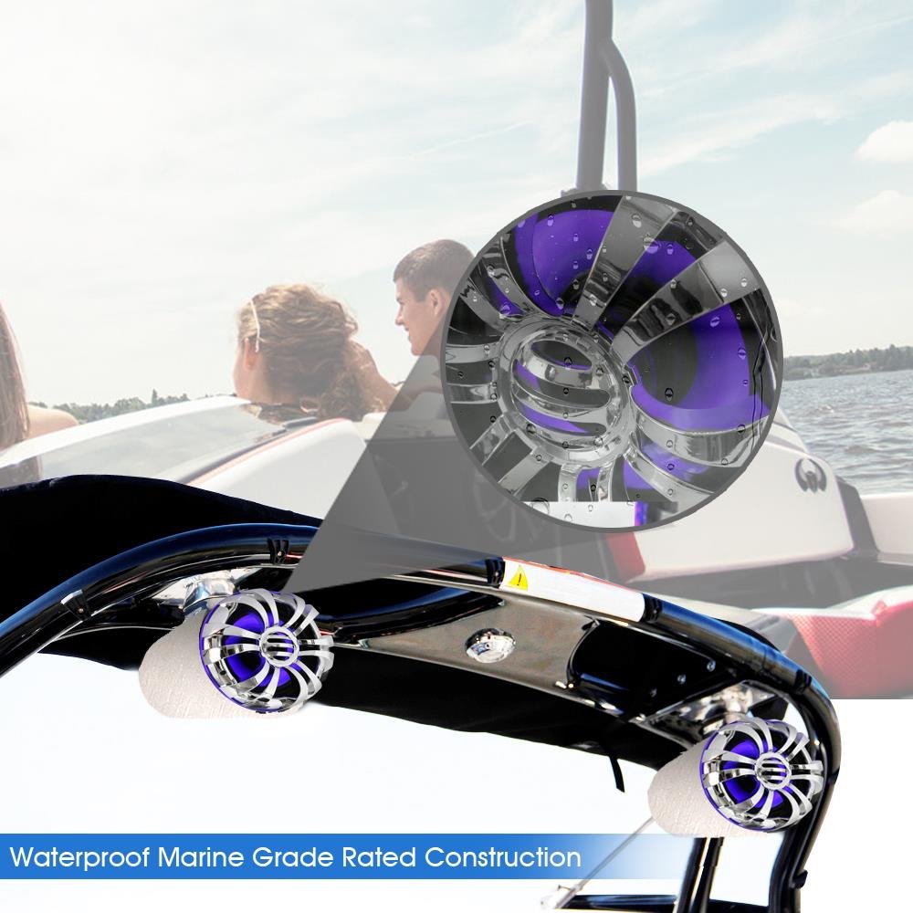 Pyle Marine Speakers - 5.25 Inch Waterproof IP44 Rated Wakeboard Tower and Weather Resistant Outdoor Audio Stereo Sound System with Built-in LED Lights - 1 Pair in Silver (PLMRWB50L)