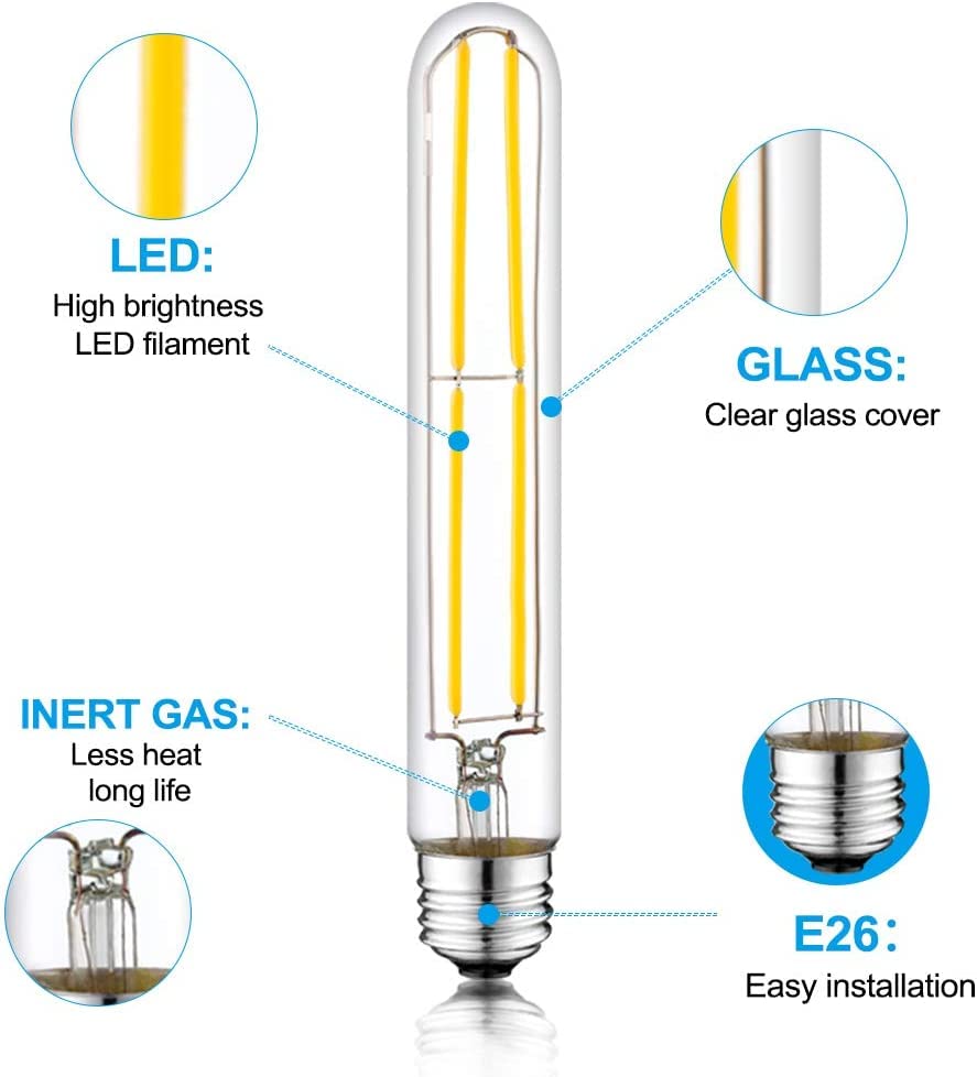 NOVELUX 7.3 Inch E26 Led Bulb 60 watt Dimmable,2700k Soft White Edison Bulbs,6W Tubular T10 Long Clear Glass Light Bulb for Rustic Pendant,Industrial Pipe,Wall Sconces,Chandeliers(4 Pack)