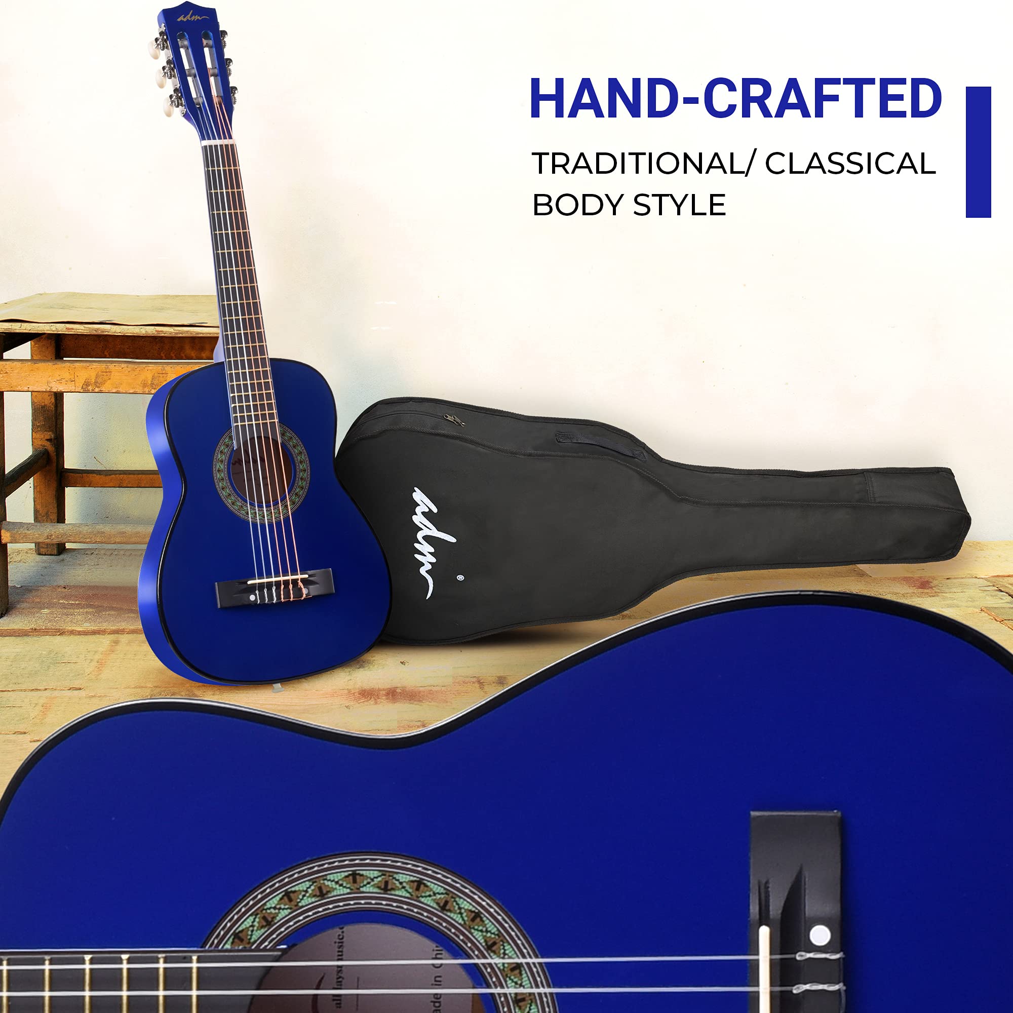 ADM Beginner Acoustic Classical Guitar 30 Inch Nylon Strings Wooden Guitar Bundle Kit for Kid Boy Girl Student Youth Guitarra Online Lessons with Gig Bag, Strap, Tuner, Extra Strings, Picks,Blue