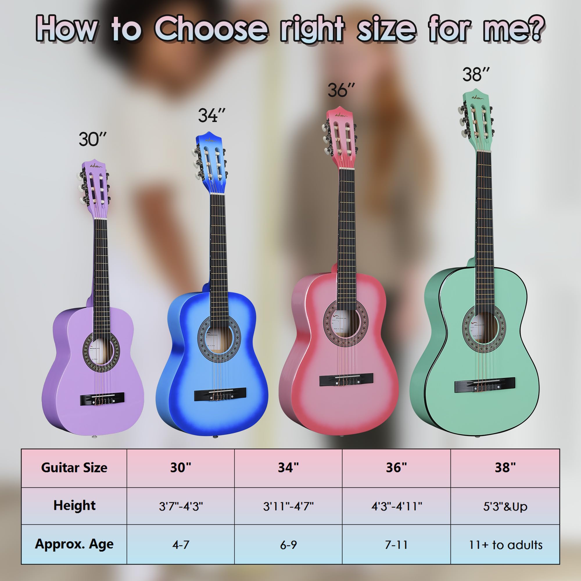 ADM Beginner Acoustic Classical Guitar 30 Inch Nylon Strings Wooden Guitar Bundle Kit for Kid Boy Girl Student Youth Guitarra Online Lessons with Gig Bag, Strap, Tuner, Extra Strings, Picks,Blue