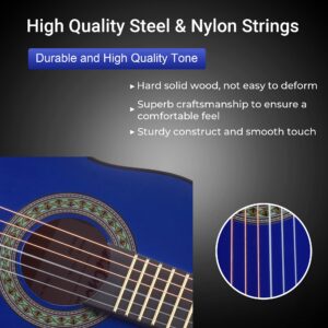 ADM Beginner Acoustic Classical Guitar 30 Inch Nylon Strings Wooden Guitar Bundle Kit for Kid Boy Girl Student Youth Guitarra Online Lessons with Gig Bag, Strap, Tuner, Extra Strings, Picks,Blue