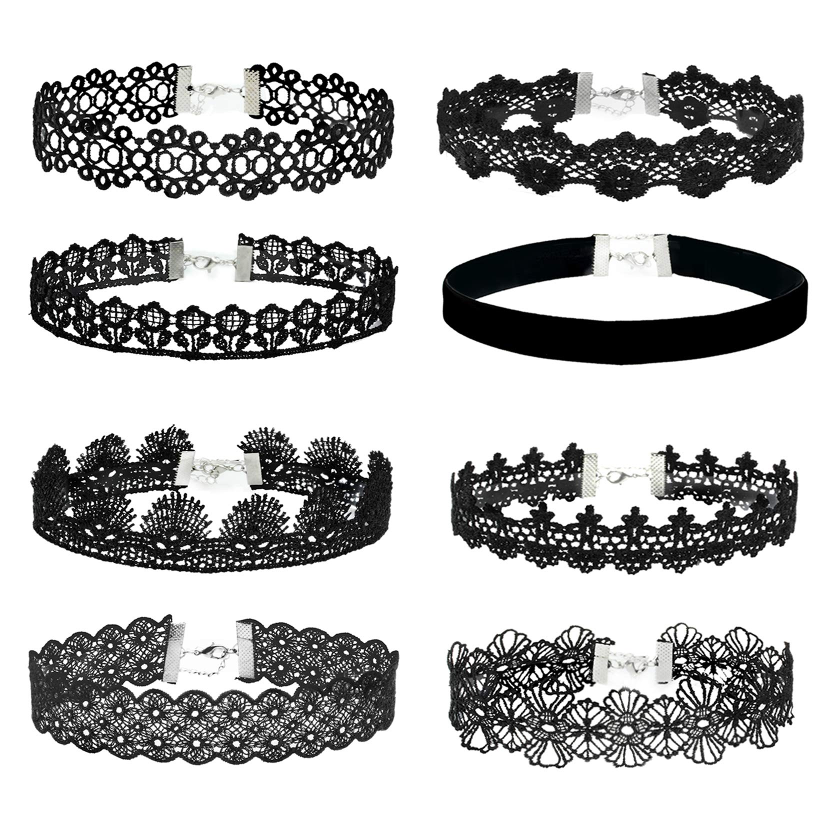 MILAKOO 8 Pcs Women Black Lace Choker 1.2" Width Necklace for Women Best Gifts